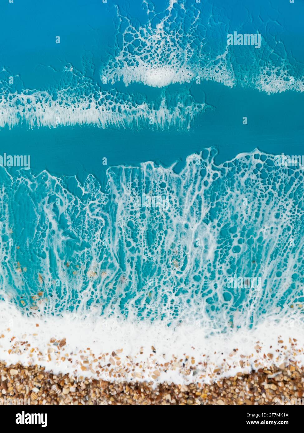 Resin art with blue ocean waves and beach. Sea background made of epoxy ...