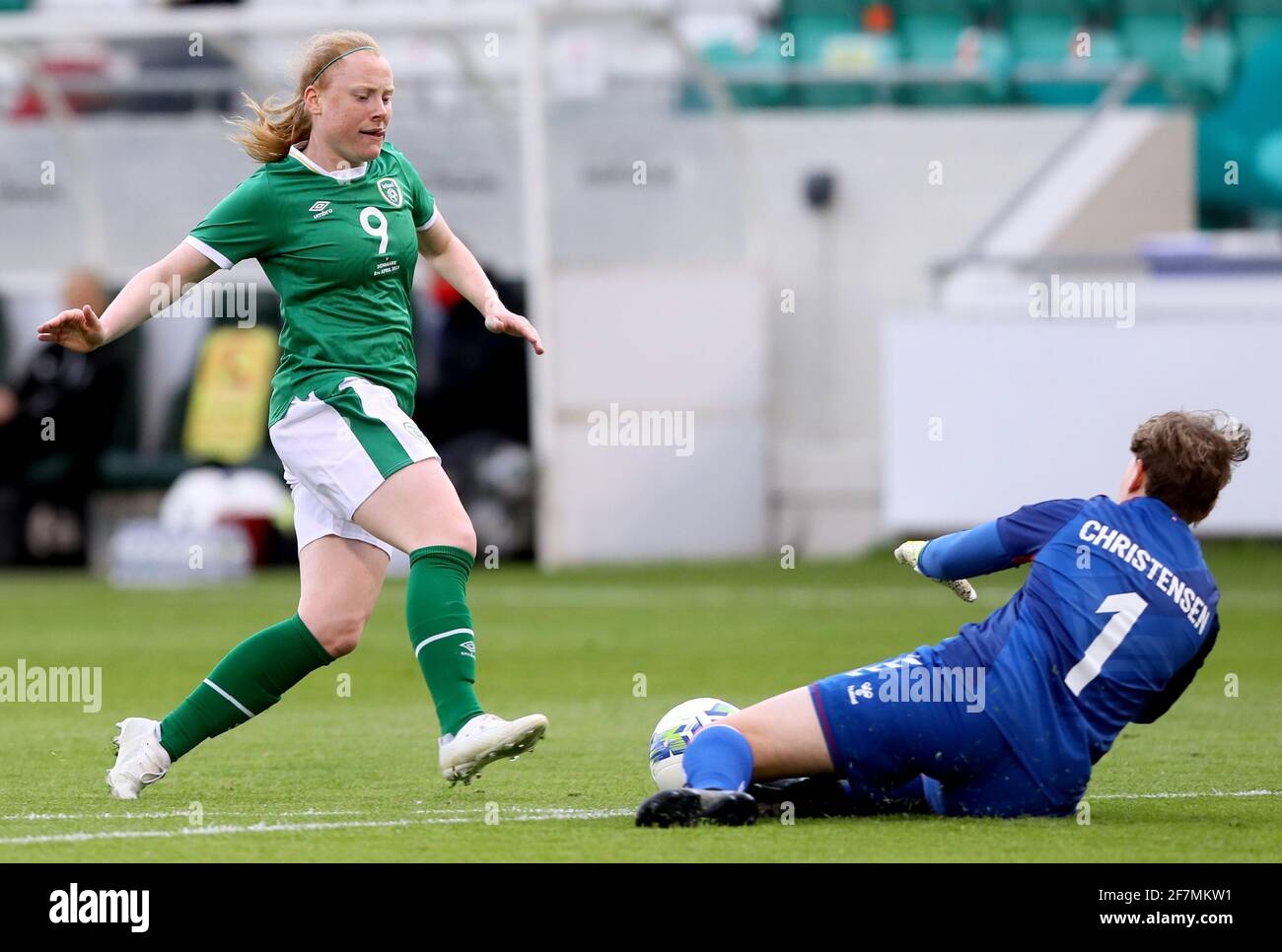 Denmark goalkeeper Lene Christensen (right) saves a shot from Republic ...