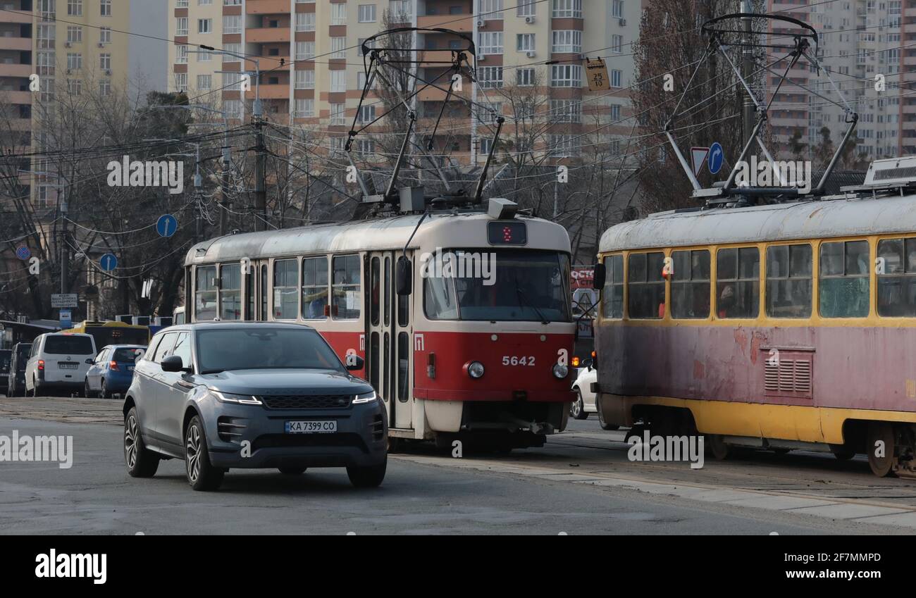 Non Exclusive: KYIV, UKRAINE - APRIL 08, 2021 - Trams carry passengers ...