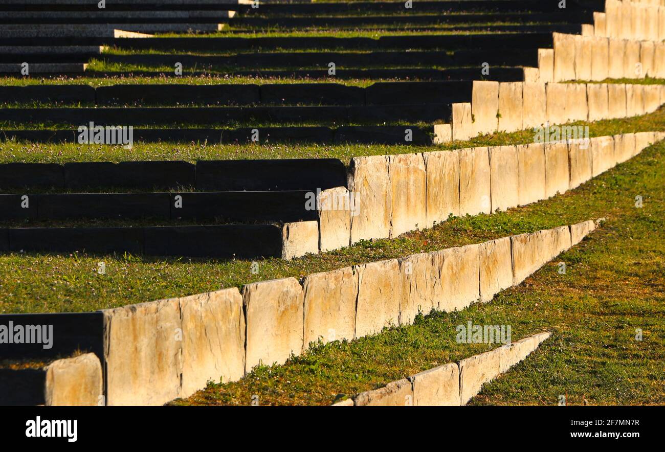Stepped grassed terraces in landscaped gardens in Las Llamas public ...