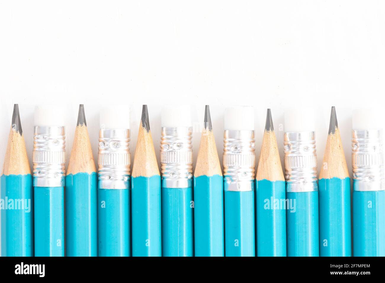 Close up blue pencils isolated on white background with copy space on ...