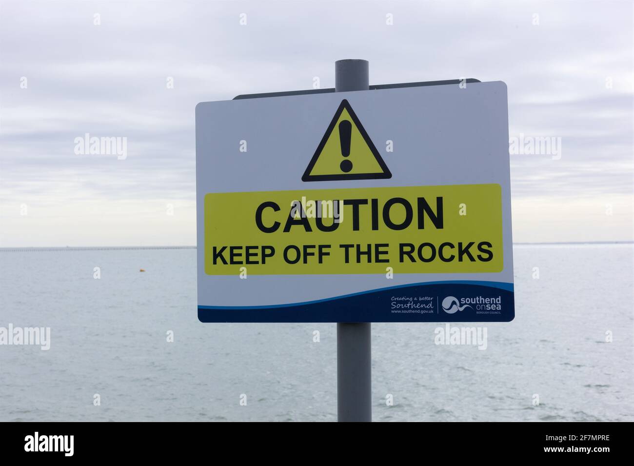 Caution Keep Off the Rocks Sign at Shoebury beach, Essex, Britain ...