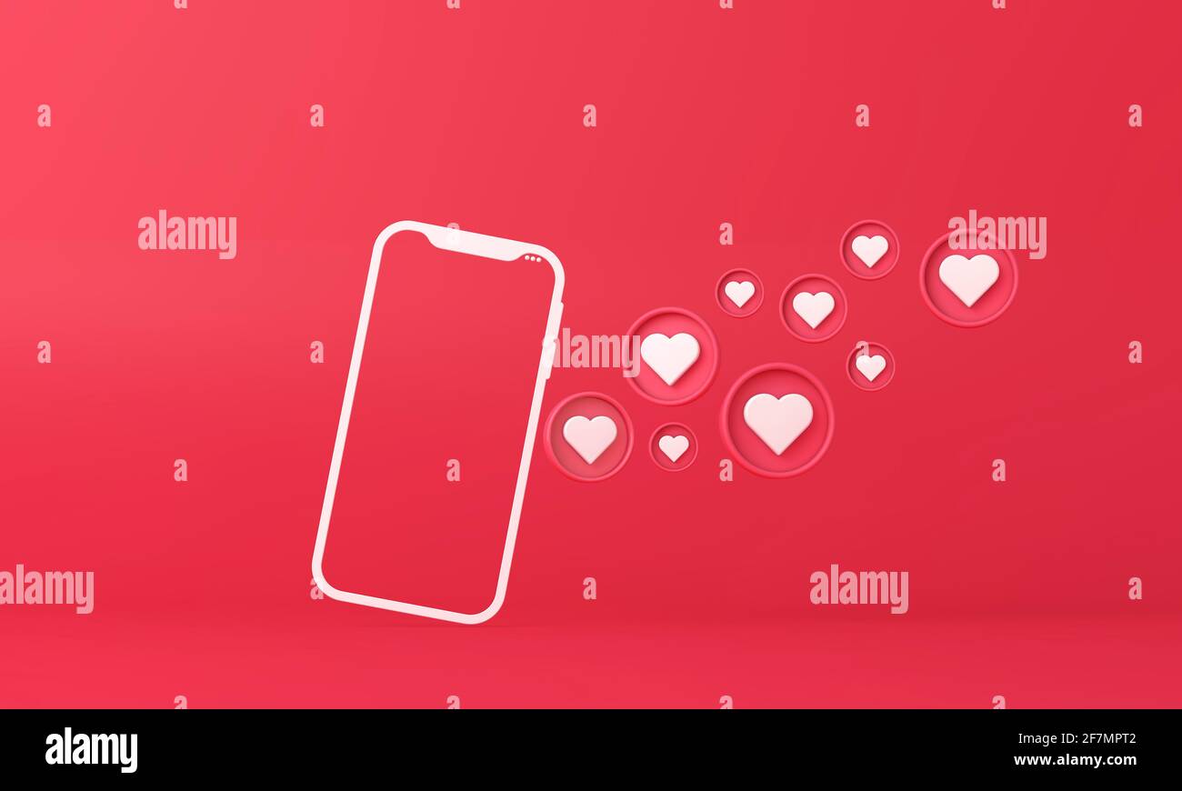Social media love notification icons flowing from a smartphone. 3D ...