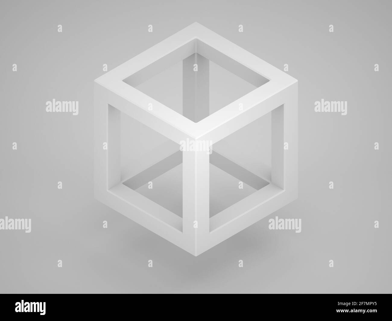 White cube frame over light gray background with soft shadow, isometric ...
