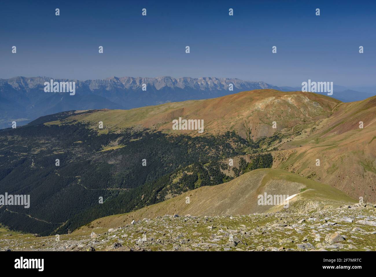 Pyrenees mountains seen from the Puigpedrós summit in summer (Cerdanya ...