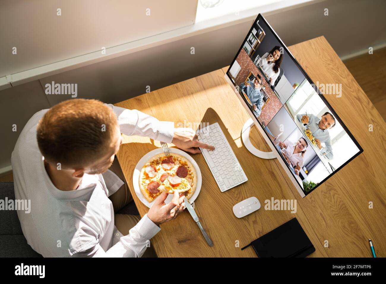 Video Conference Virtual Lunch Break On Computer Stock Photo - Alamy