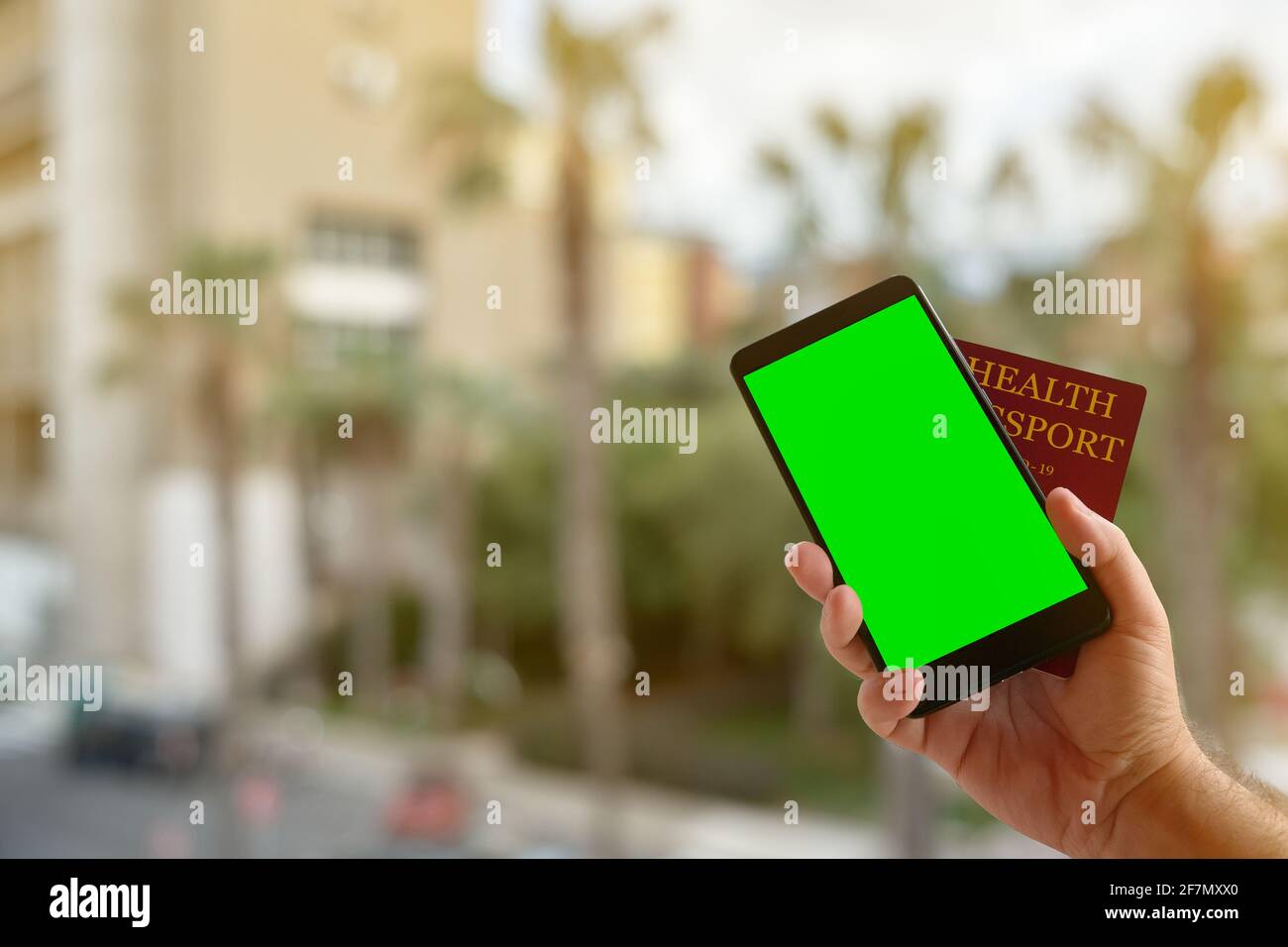 Passport and smart phone with green screen. Travel concept with copy ...