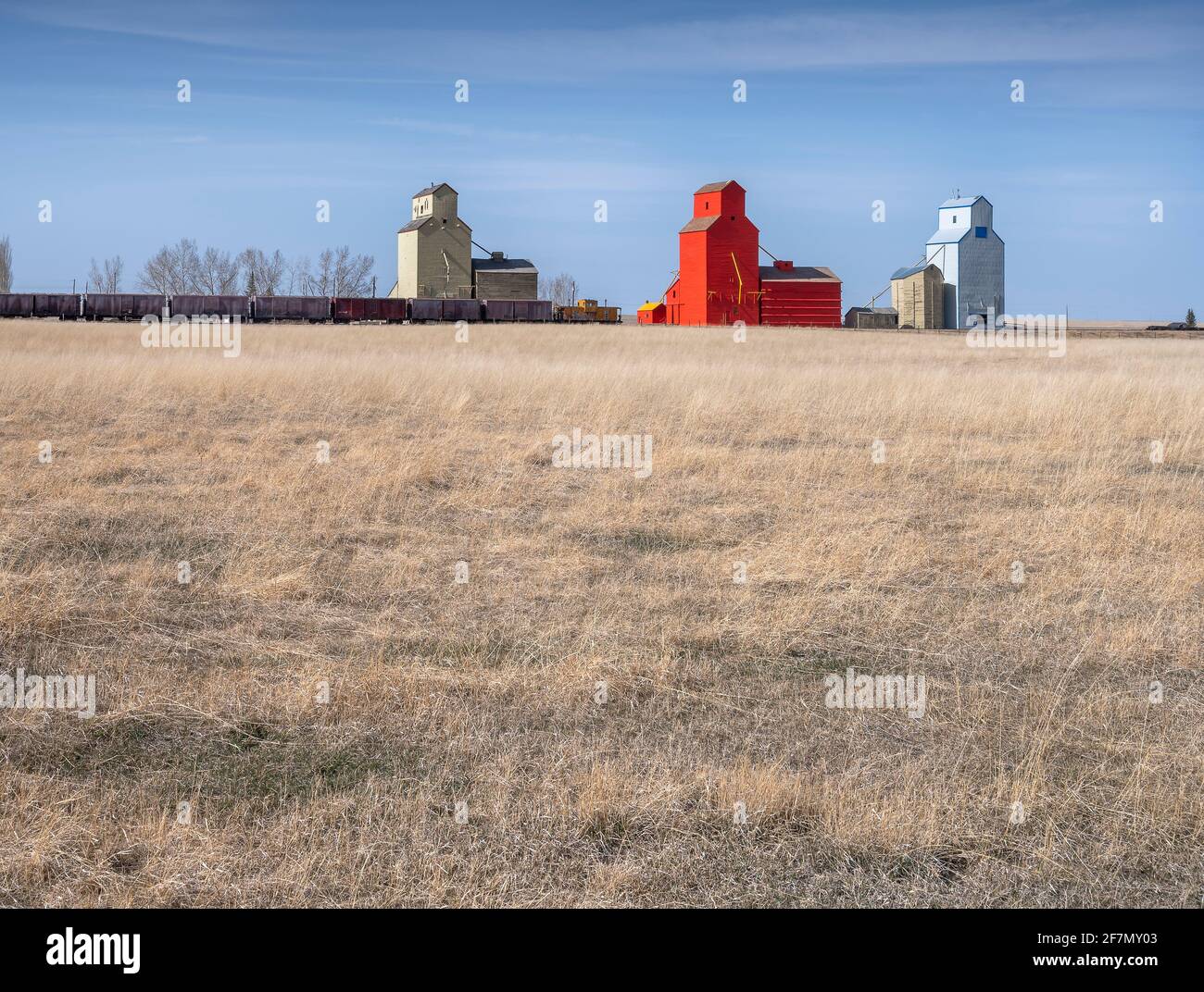Grain elevators and train on the prairie near Mossleigh, Alberta ...