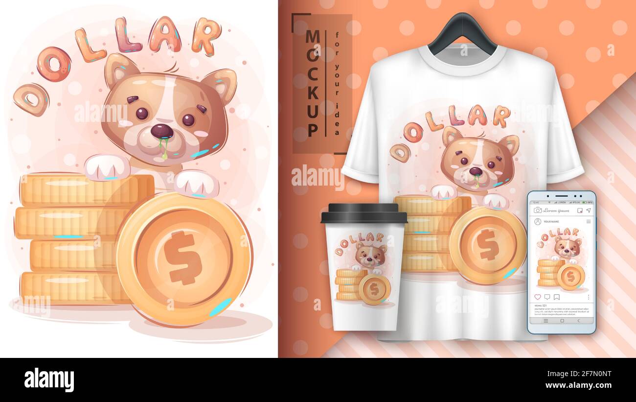 Cute dog with coin poster and merchandising Stock Vector Image & Art ...