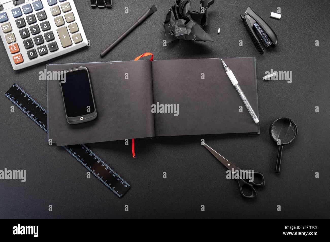 Black bookkeeping. Black office. Black stationery on the table. View ...