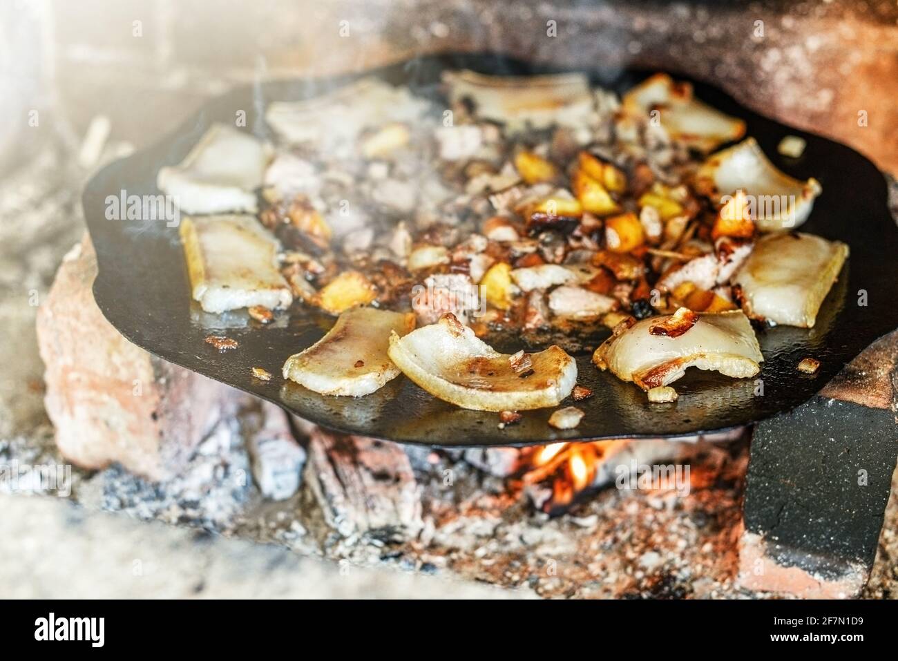 Pork fat at the stake. Cooking street food. rest with food. Bonfire ...