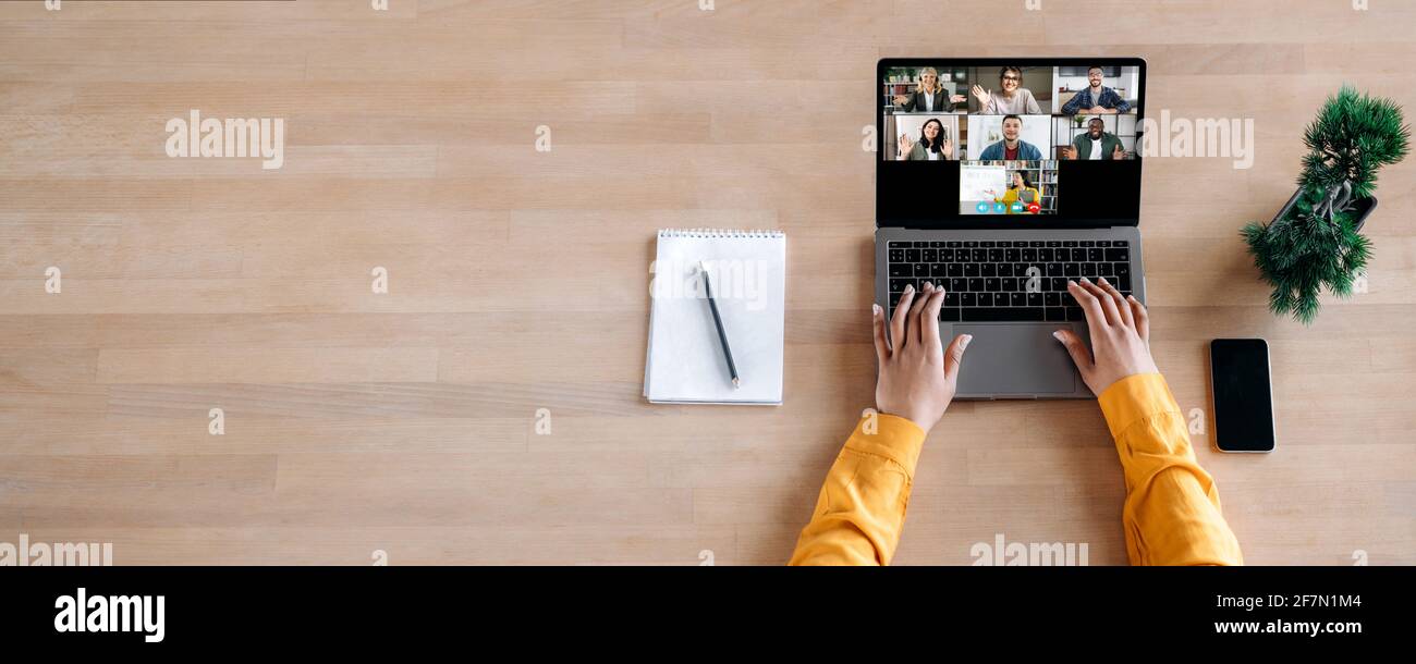 Business briefing, online education, webinar. Top view on laptop screen ...