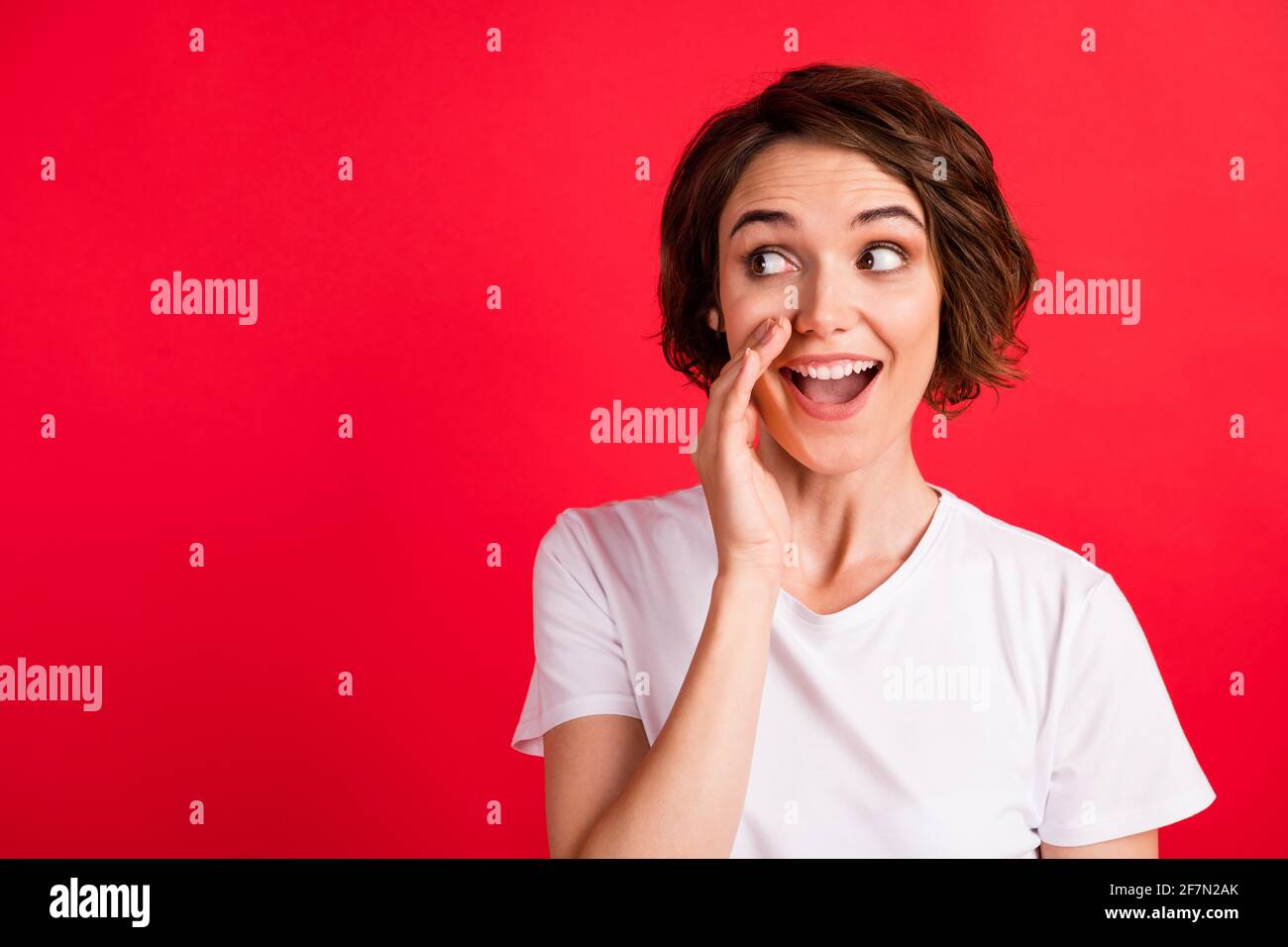 Portrait Of Attractive Amazed Cheerful Curious Girl Saying News Rumour