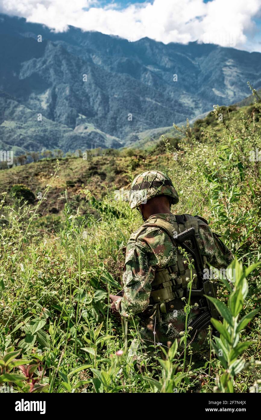 Colombian soldiers during a military operation in the mountains of ...