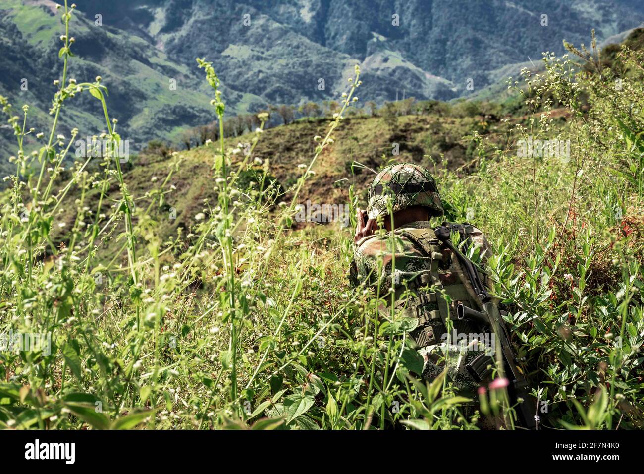 Colombian soldiers during a military operation in the mountains of ...