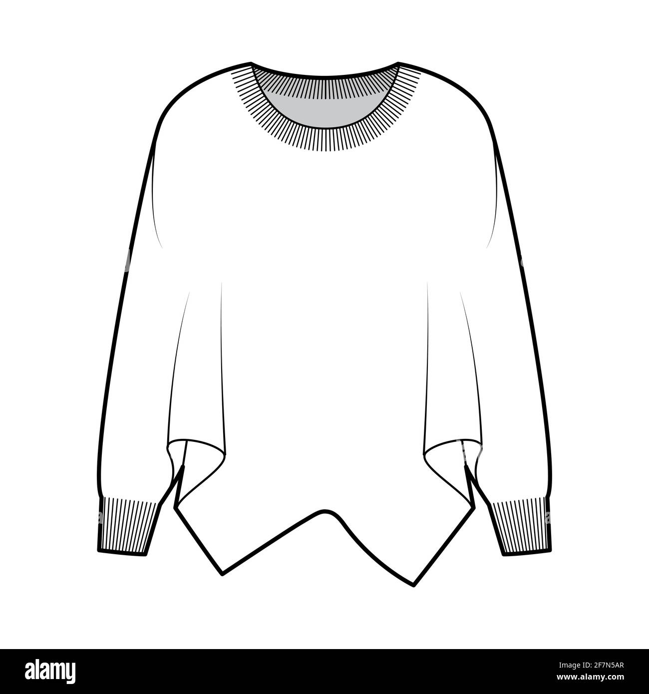 Sweater batwing sleeve technical fashion illustration with rib oval ...