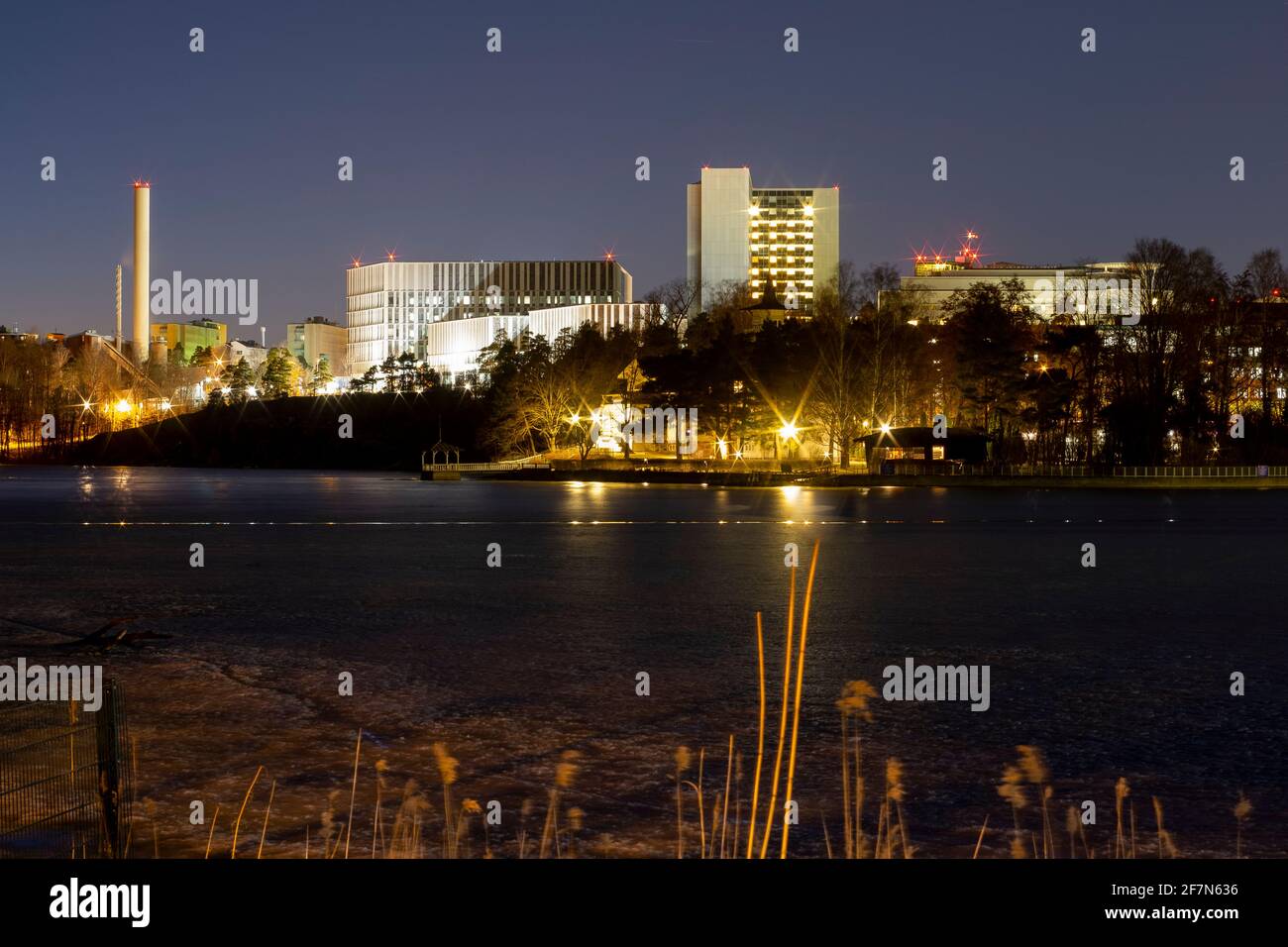 Helsinki / Finland - APRIL, 2021: Nightly view of Meilahti hospital ...