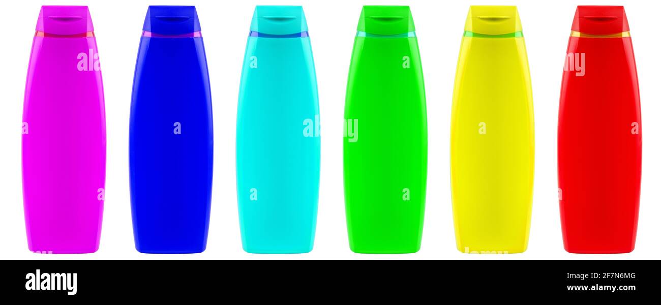 set of colored opaque shampoo bottles isolated on white Stock Photo - Alamy