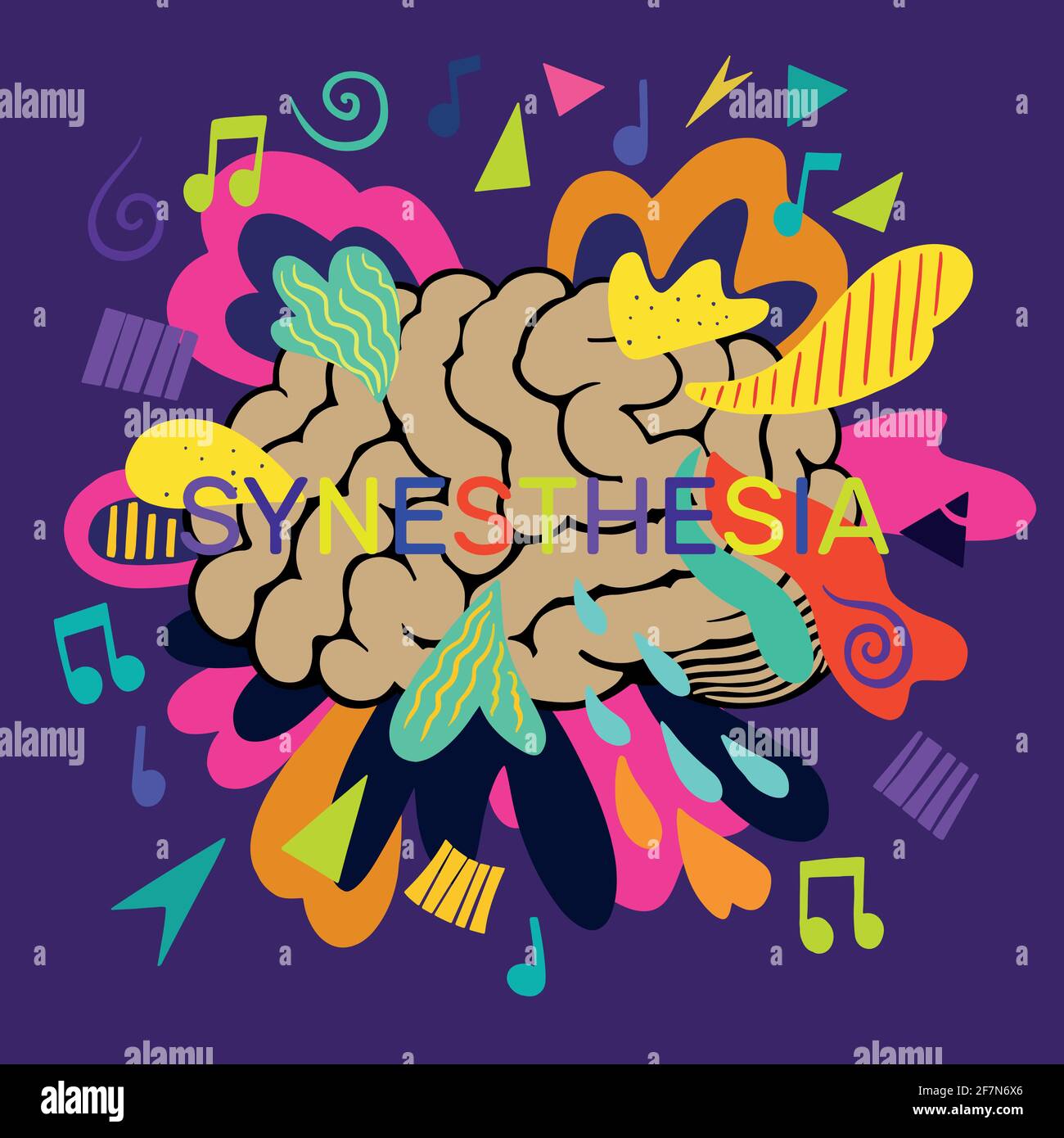 Synesthesia. Bright concept of human brain, notes and colorful ...