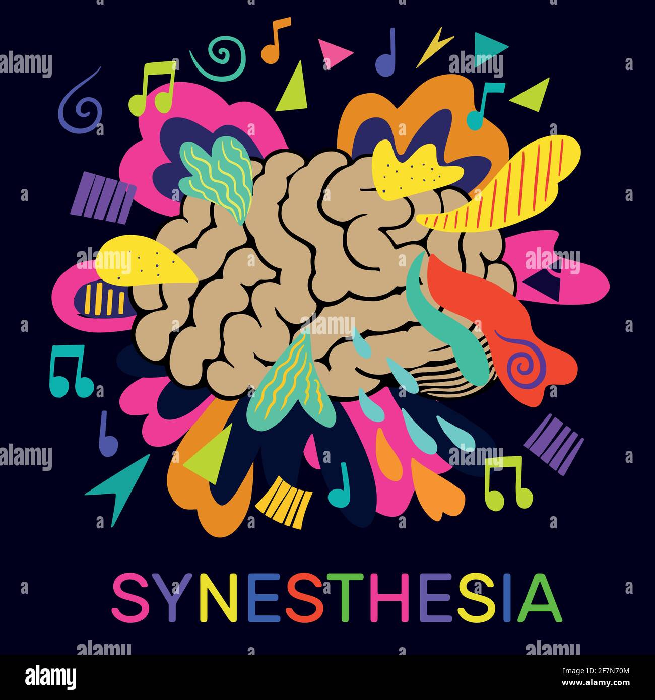 Synesthesia. Bright concept of human brain, notes and colorful ...