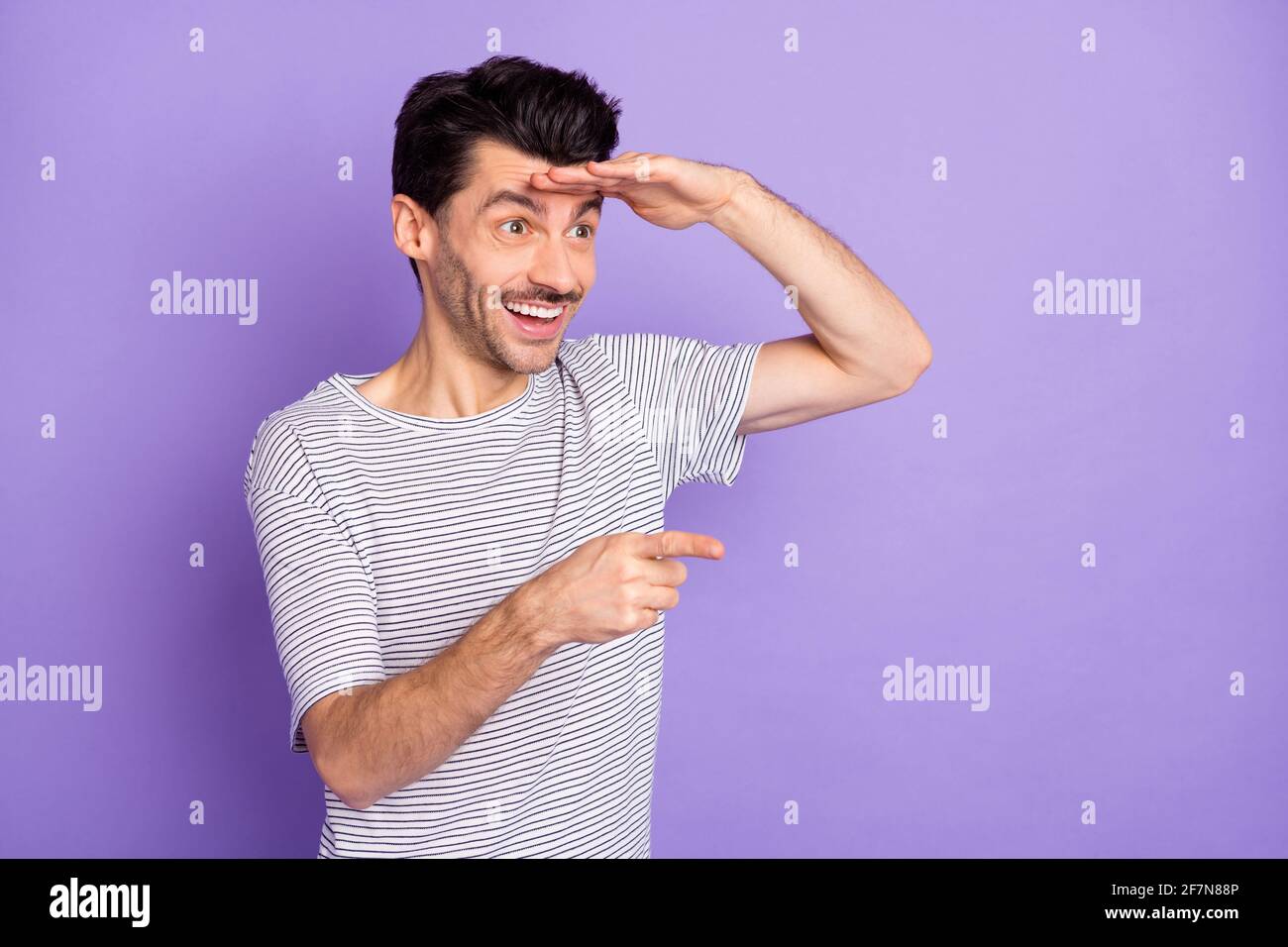 Photo of happy excited crazy smiling funky man look forward ahead point ...