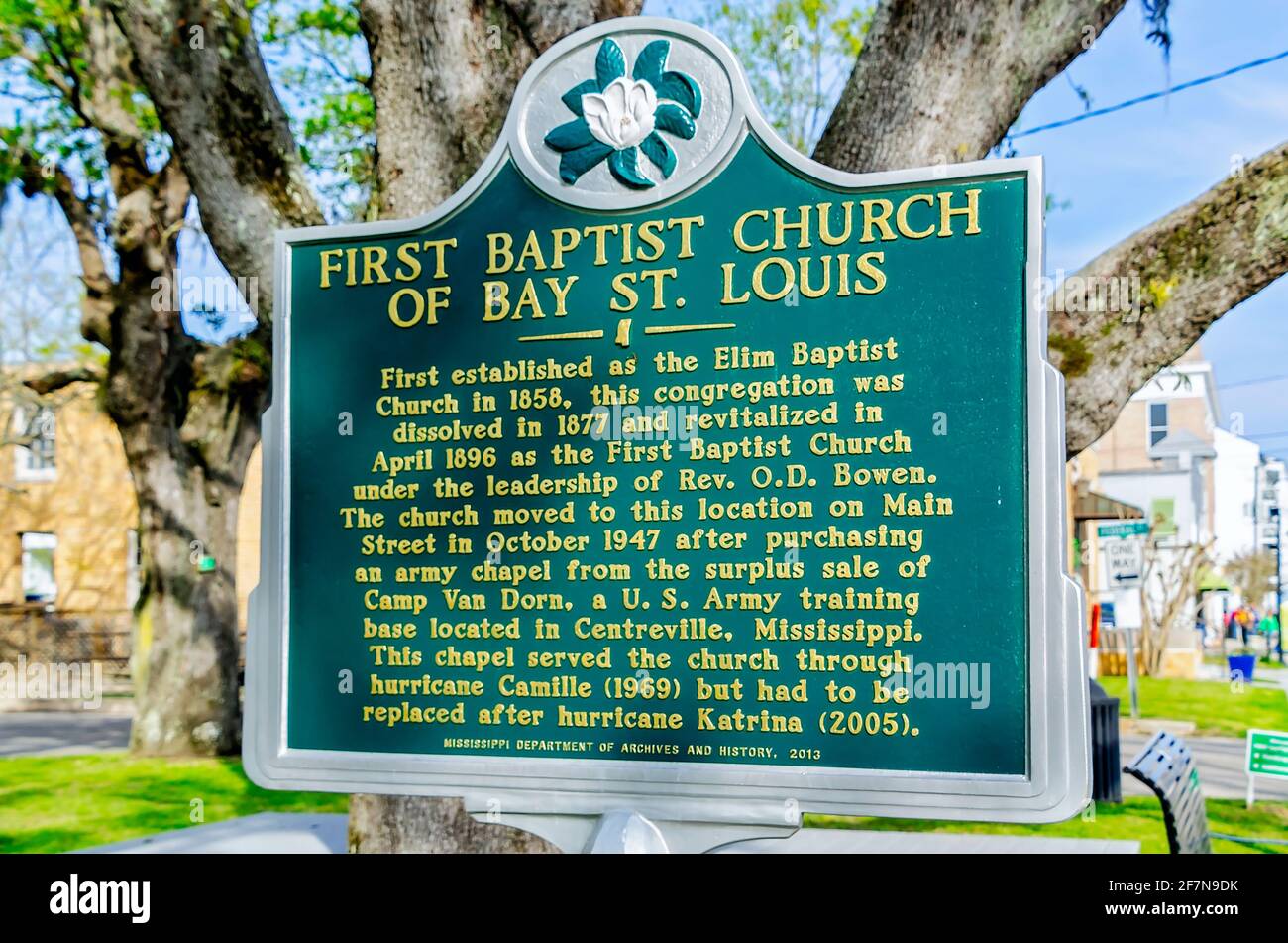 A historic marker stands in front of the First Baptist Church of Bay St ...