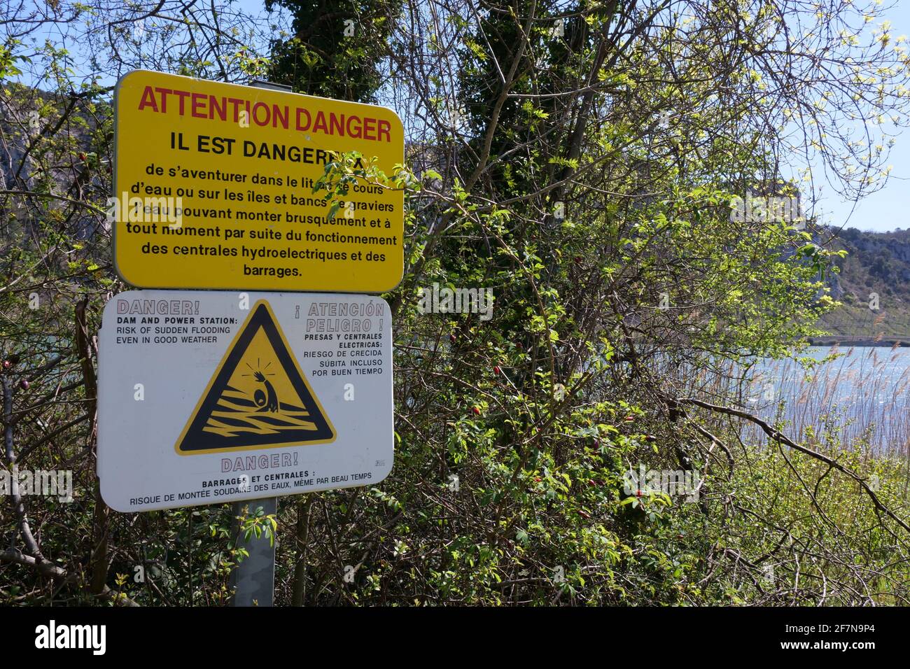 Pannel signalizing the risk of high floods, Rhone river banks, south of ...