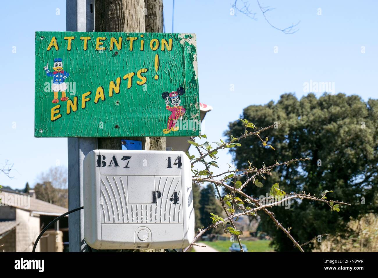 Road sign signalizing children's Viviers, Ardeche, France Stock Photo ...