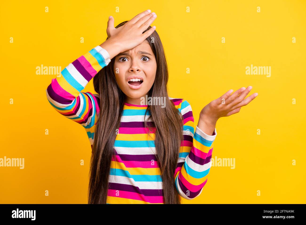 Photo of small puzzled girl facepalm unexpected fail expression wear ...