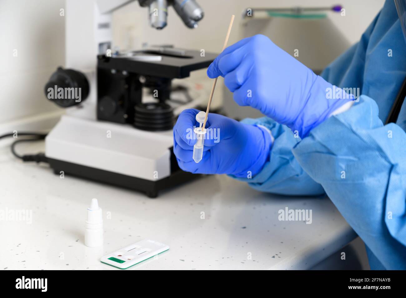 Covid-19 nasal swab laboratory test in hospital laboratory. High ...