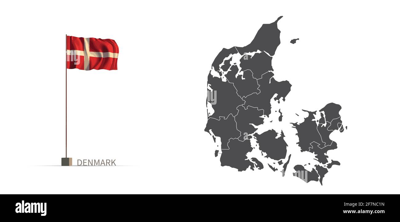 Denmark map. gray country map and flag 3d illustration vector Stock ...