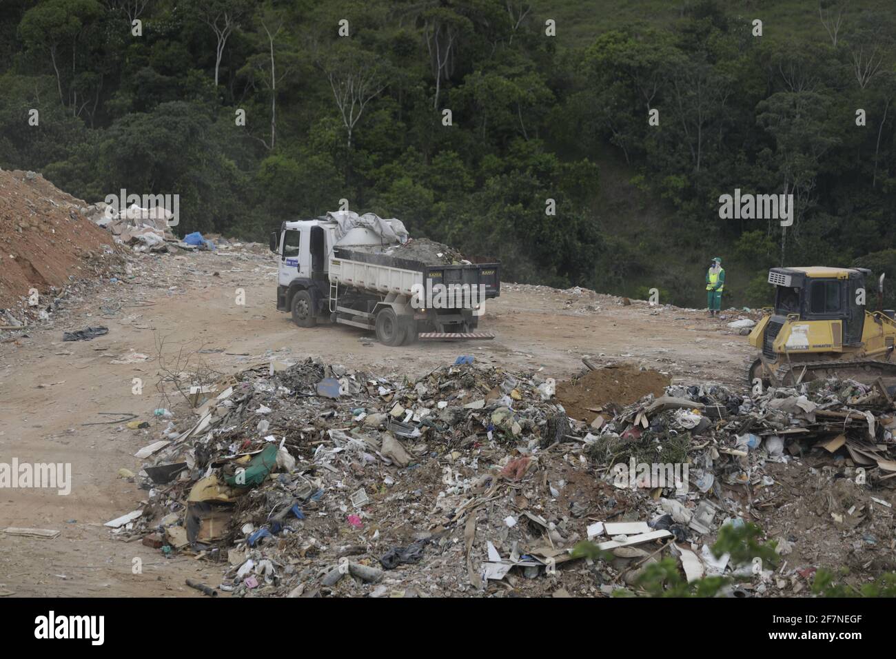 salvador, bahia / brazil - April 22, 2019: Truck is seen pouring rubble ...