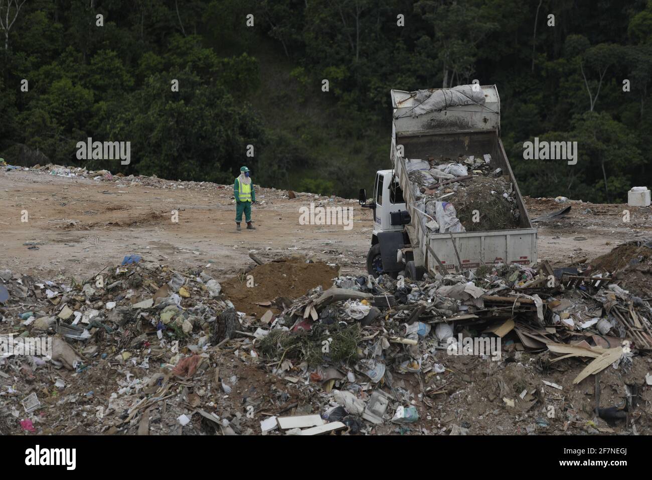 salvador, bahia / brazil - April 22, 2019: Truck is seen pouring rubble ...