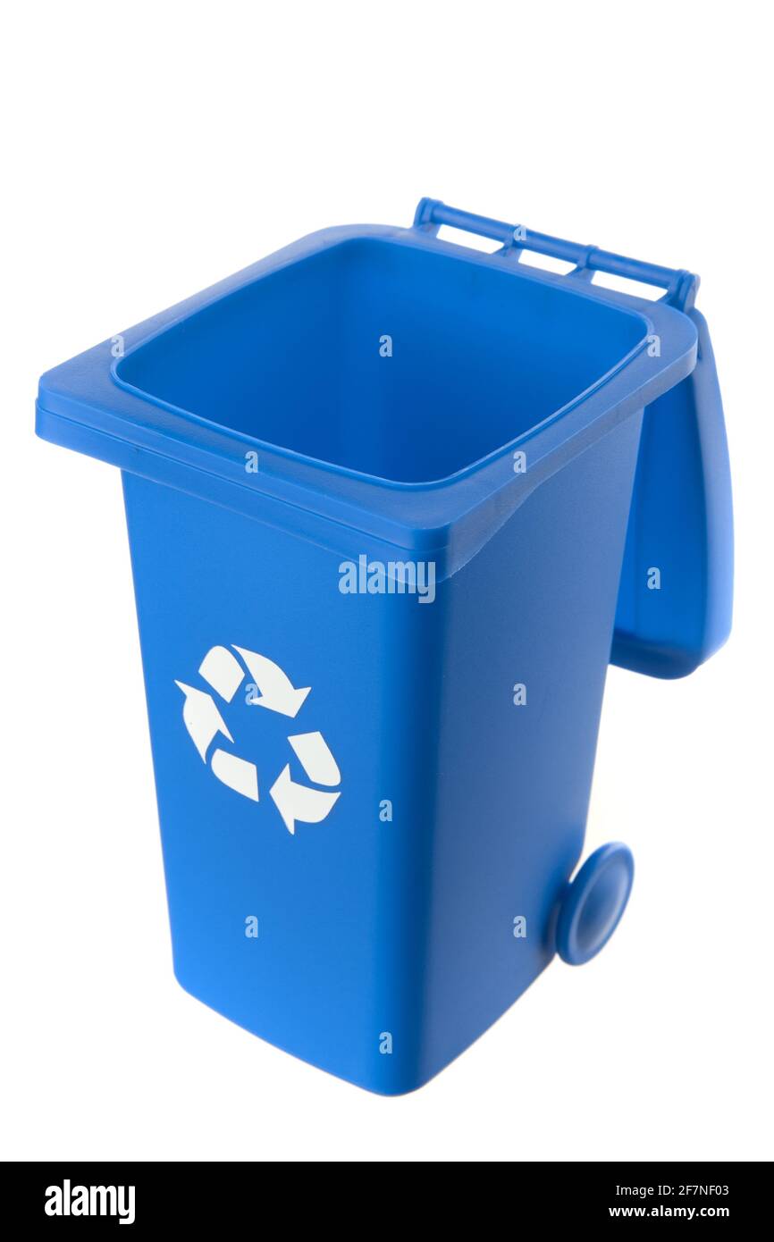 Plastic blue trash can isolated on white background Stock Photo - Alamy