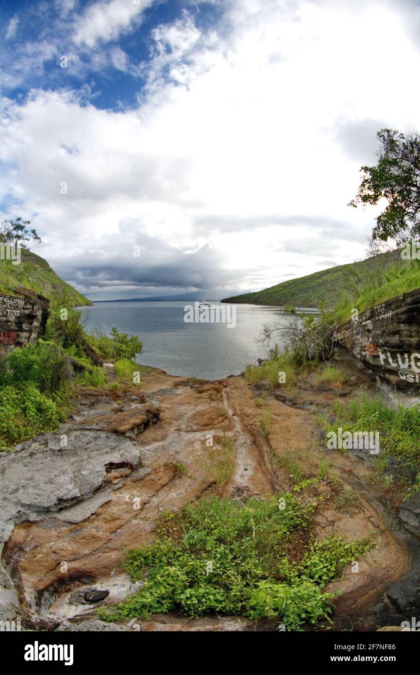 Overhead view of Tagus Cove, Isabela Island, Ecuador, taken with a ...