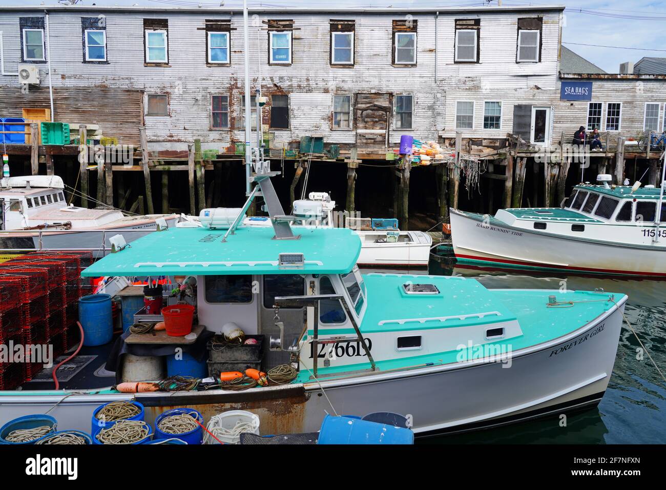 PORTLAND, ME -10 OCT 2020- View of lobster boats in the Portland harbor ...