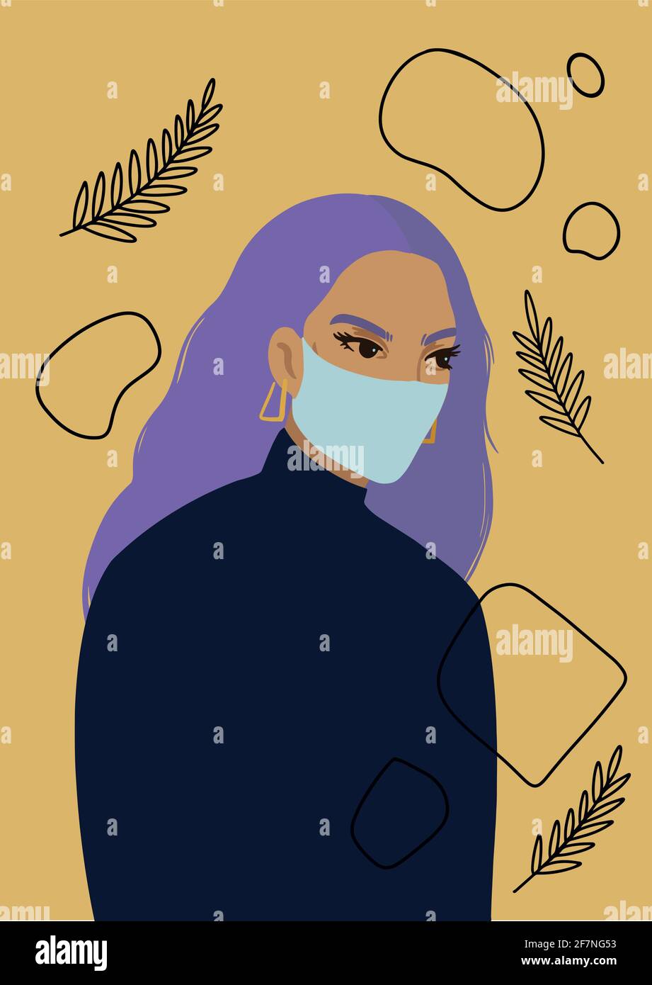 Beautiful woman with violet hairs and mask on her face Stock Vector ...
