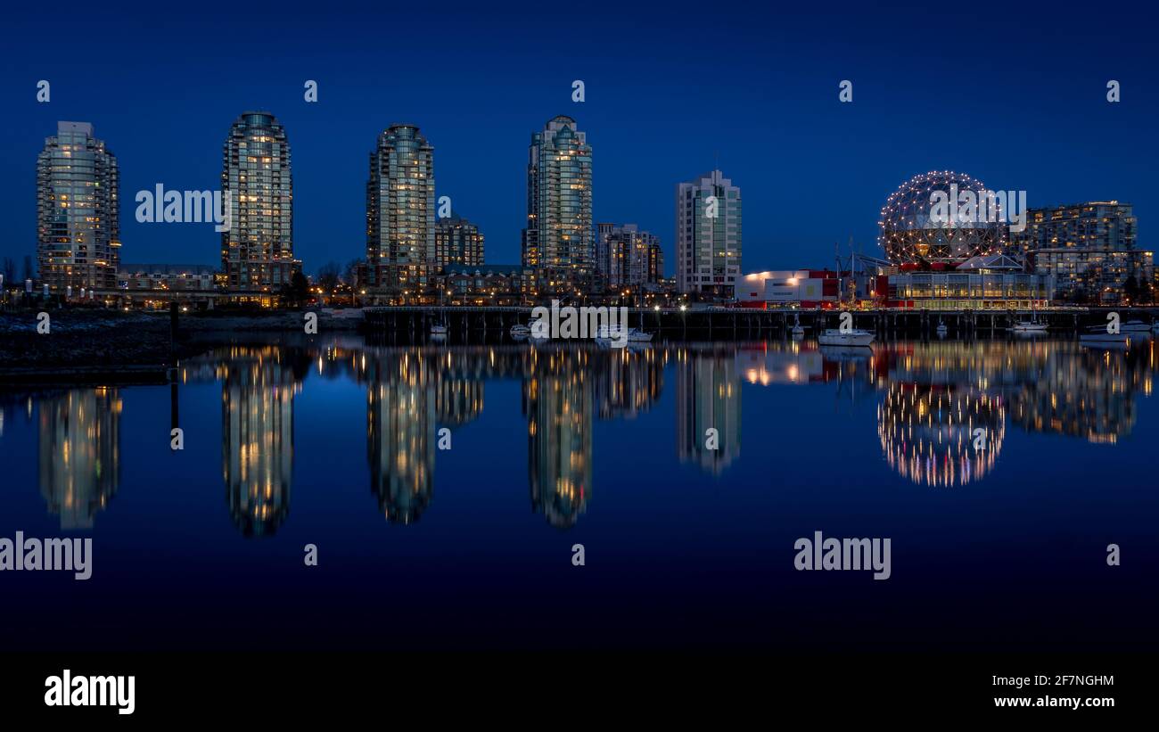 Vancouver Skyline at the Blue Hour with Lights on the Science Center ...