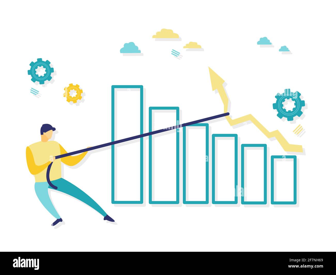 Flat illustration of young businessman pulling yellow arrow graph ...