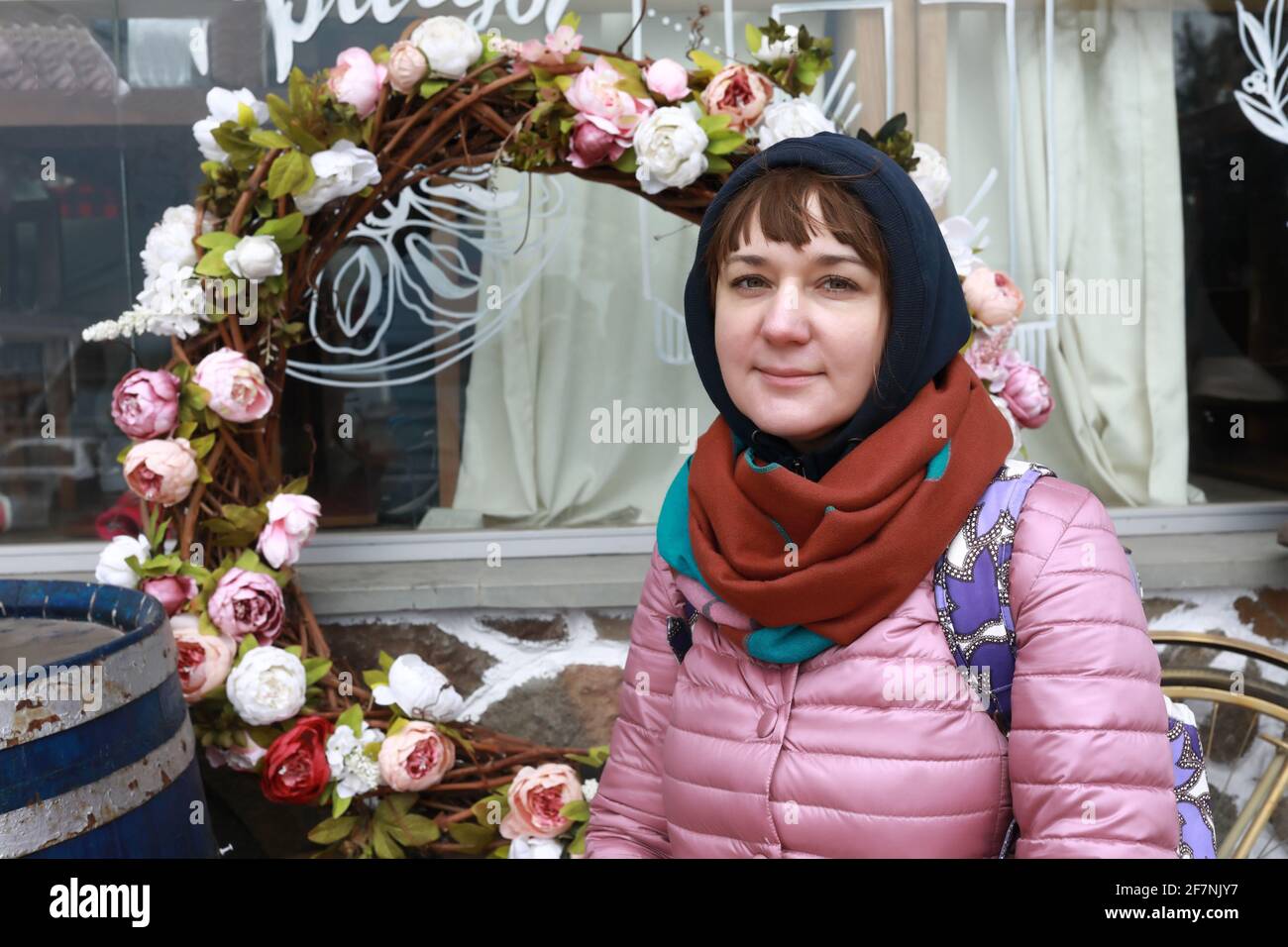 Woman on background of decoration of flowers, Gurzuf, Crimea Stock ...