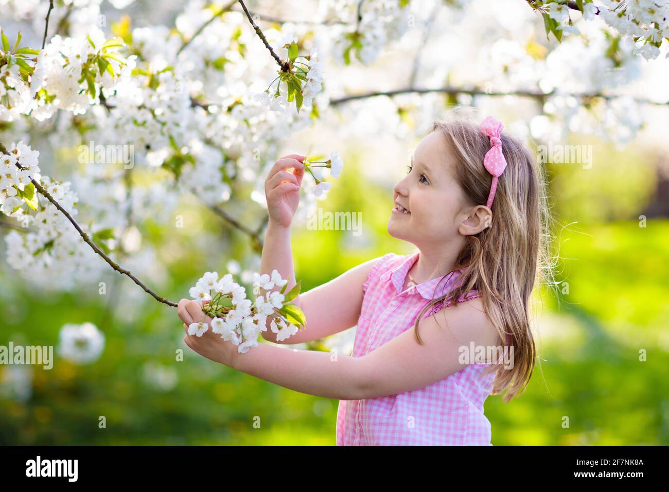 Kids play in spring park. Little girl in sunny garden with blooming ...