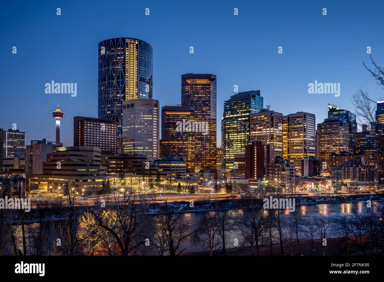 Calgary downtown skyline at sunrise showing the iconic scotiabank ...
