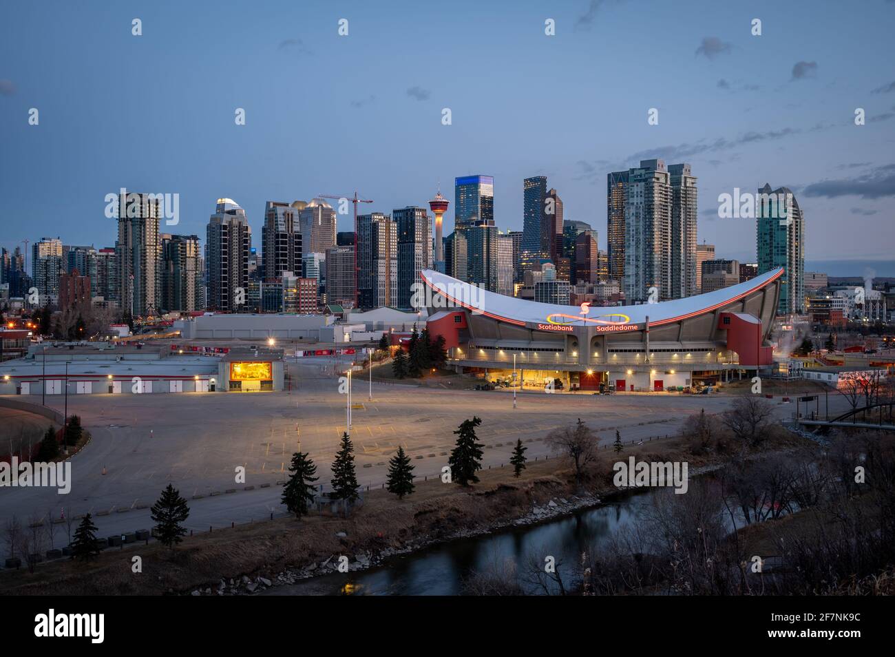 Calgary downtown skyline at sunrise showing the iconic scotiabank ...