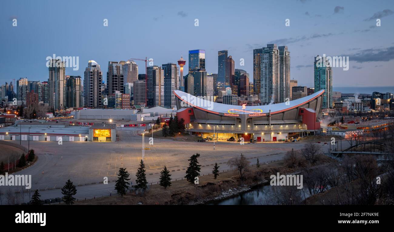 Calgary downtown skyline at sunrise showing the iconic Scotiabank ...