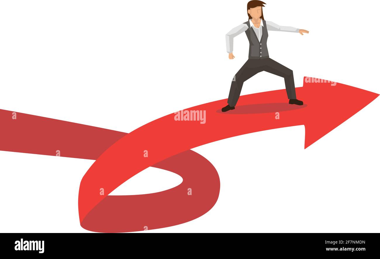 Business metaphor of businesswoman surfing on a red arrow wave. Concept ...