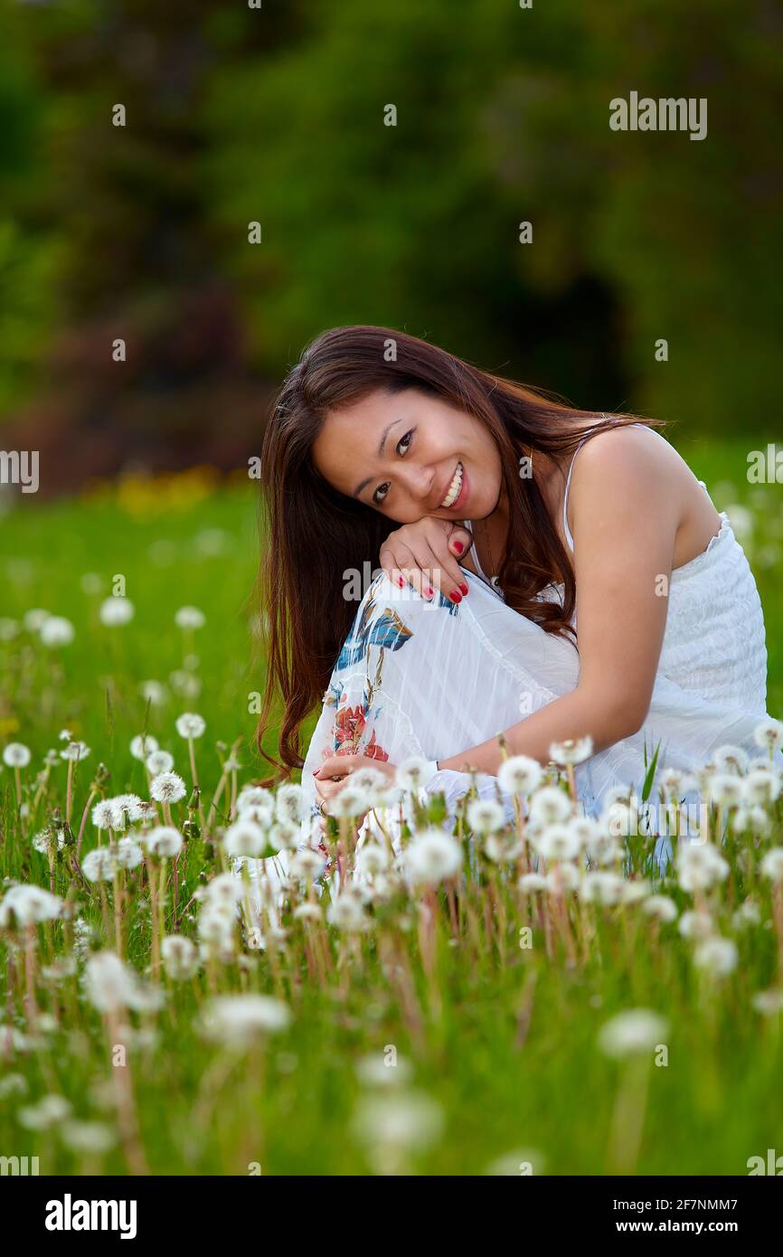 Side view of filipino female sitting on grass in a field of dandelions ...