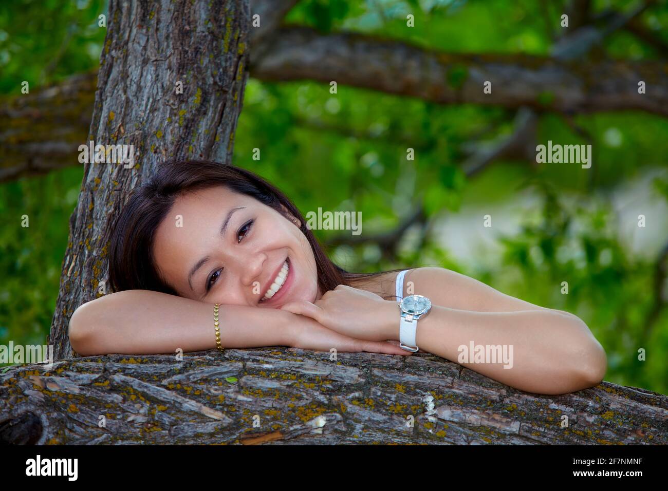 Filipino asian woman posed resting her arms on a tree branch Stock ...