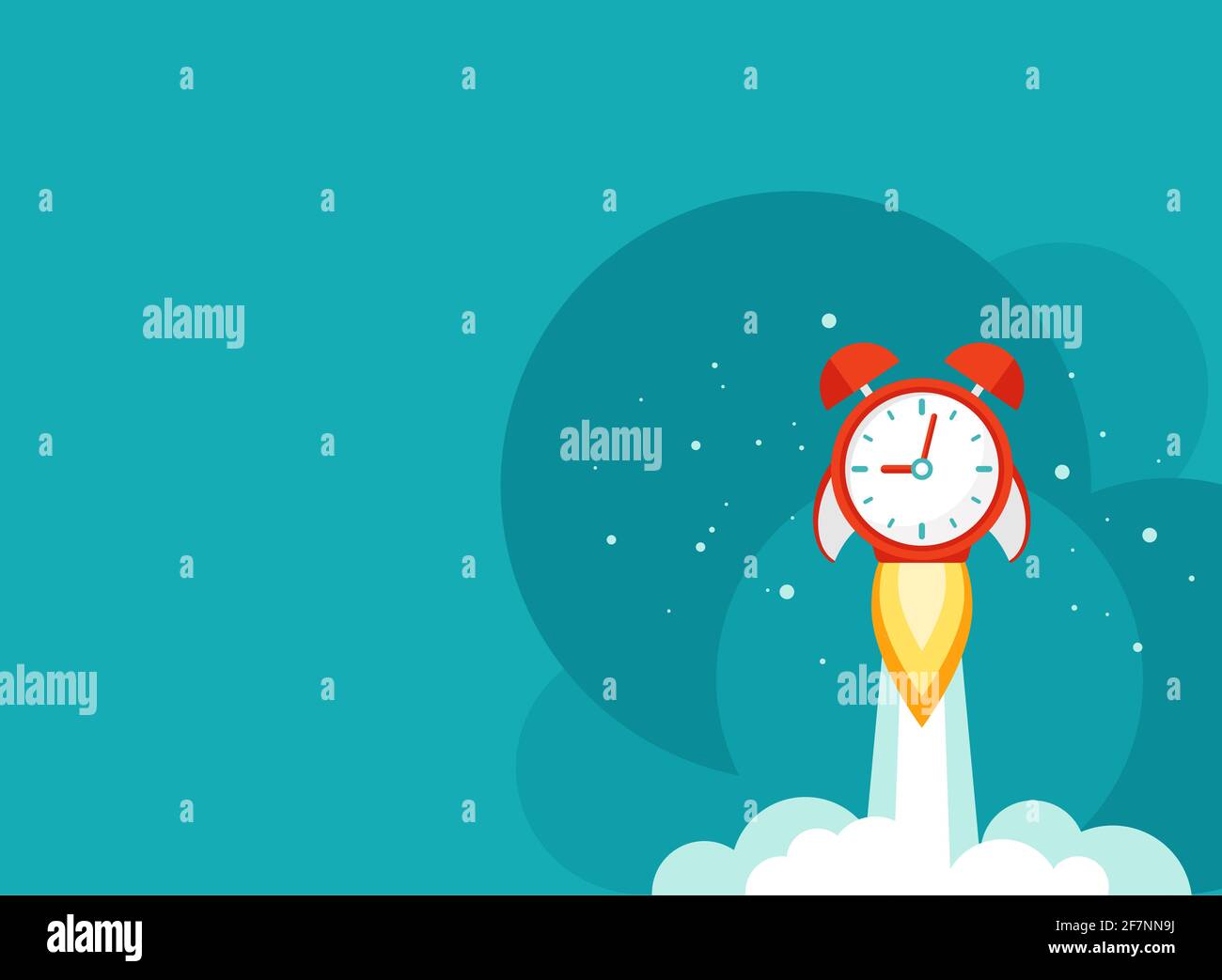horizontal background with red alarm clock rocket ship with cosmos ...