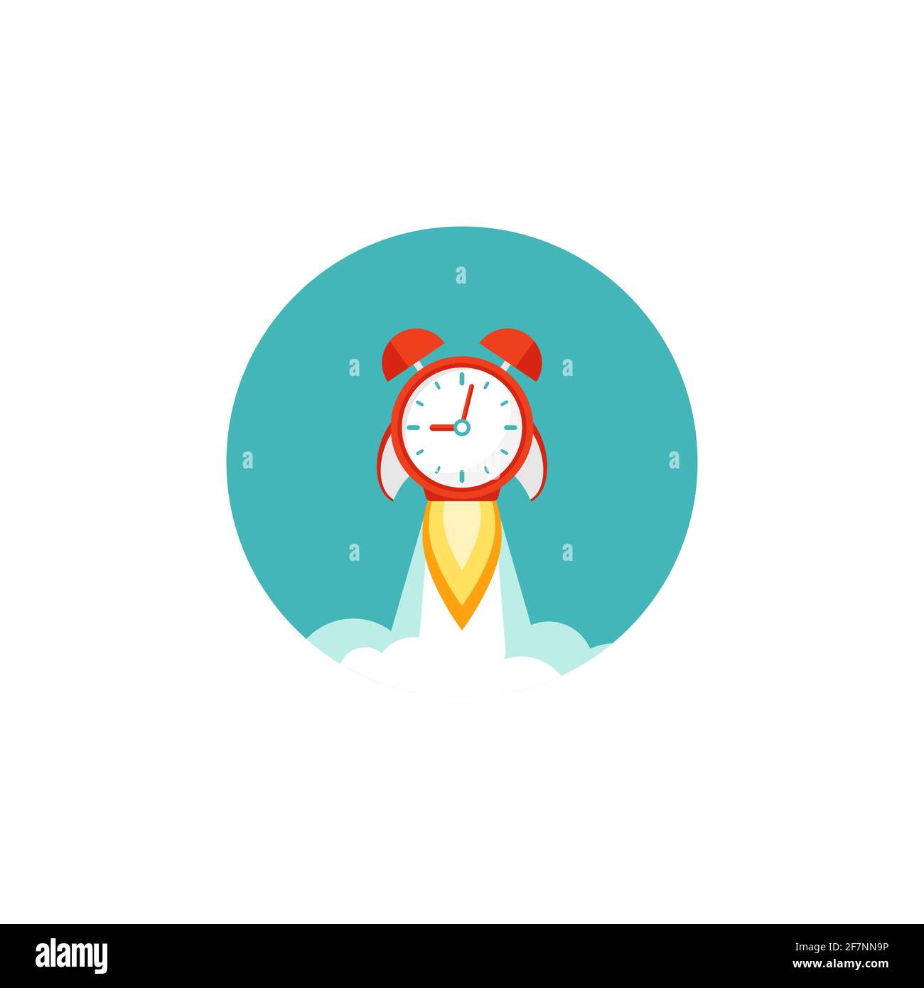 red stopwatch rocket ship with fire and clouds in blue circle. Fast ...