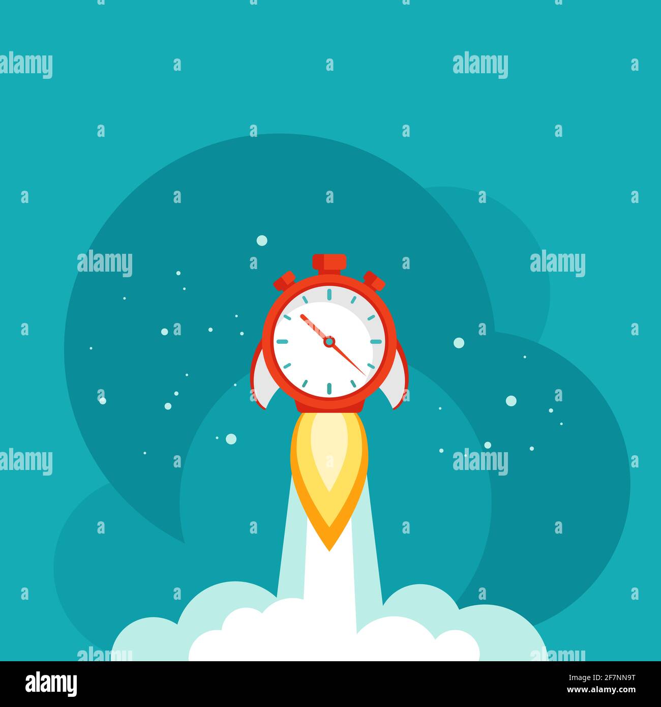 red stopwatch rocket ship with fire, clouds and stars. Fast time stop ...